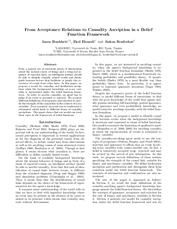 (PDF) From Acceptation Relations to Causality Ascription in a Belief Function Framework