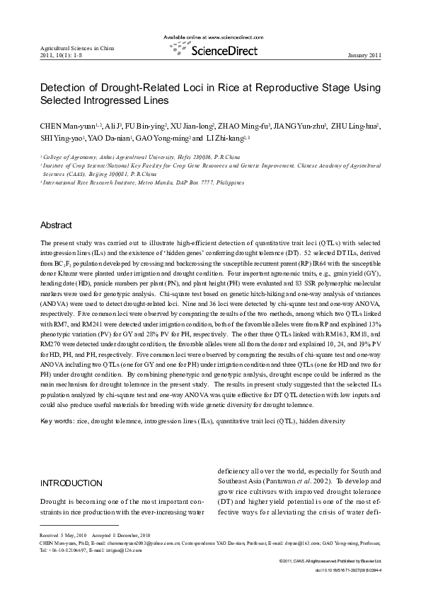 (PDF) Detection of Drought-Related Loci in Rice at Reproductive Stage ...