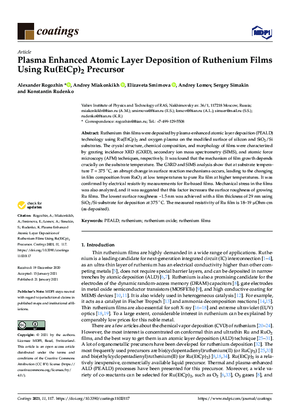(PDF) Plasma Enhanced Atomic Layer Deposition of Ruthenium Films Using ...