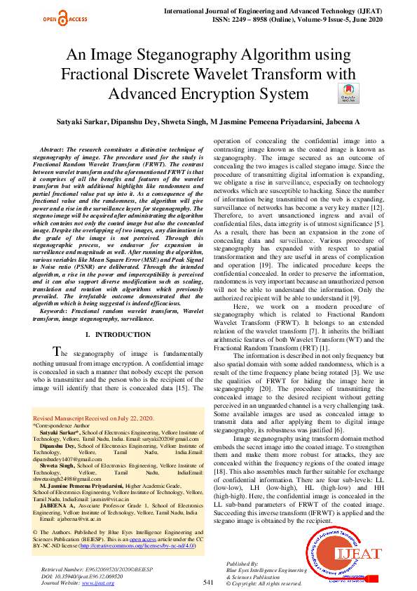 Pdf Frwt Based Image Steganography With Aes