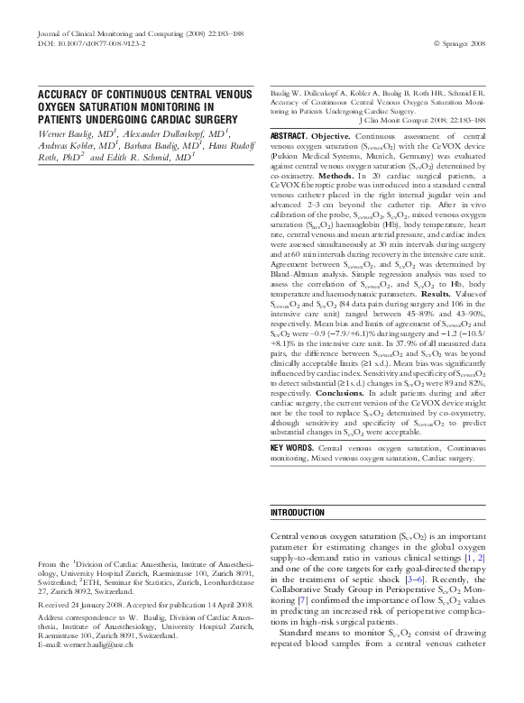 (PDF) Accuracy of Continuous Central Venous Oxygen Saturation ...