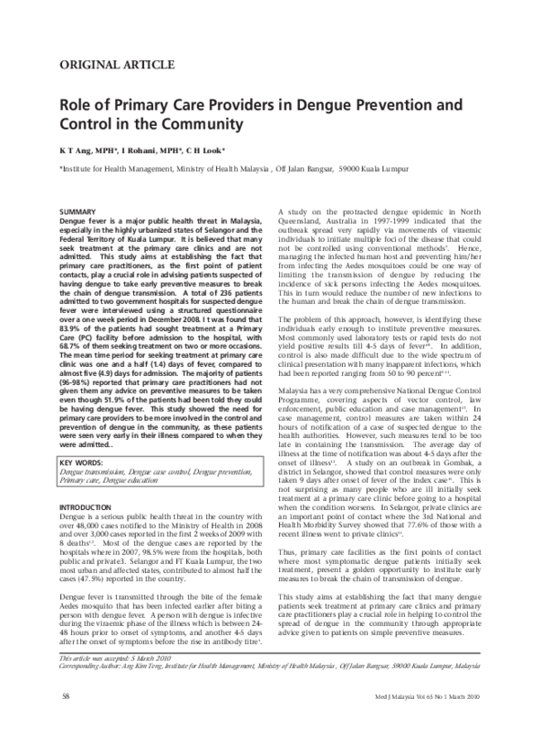 (PDF) Role of primary care providers in dengue prevention and control ...