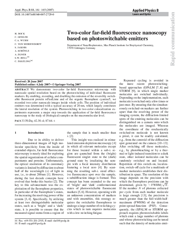 Pdf Two Color Far Field Fluorescence Nanoscopy Based On Photoswitchable Emitters