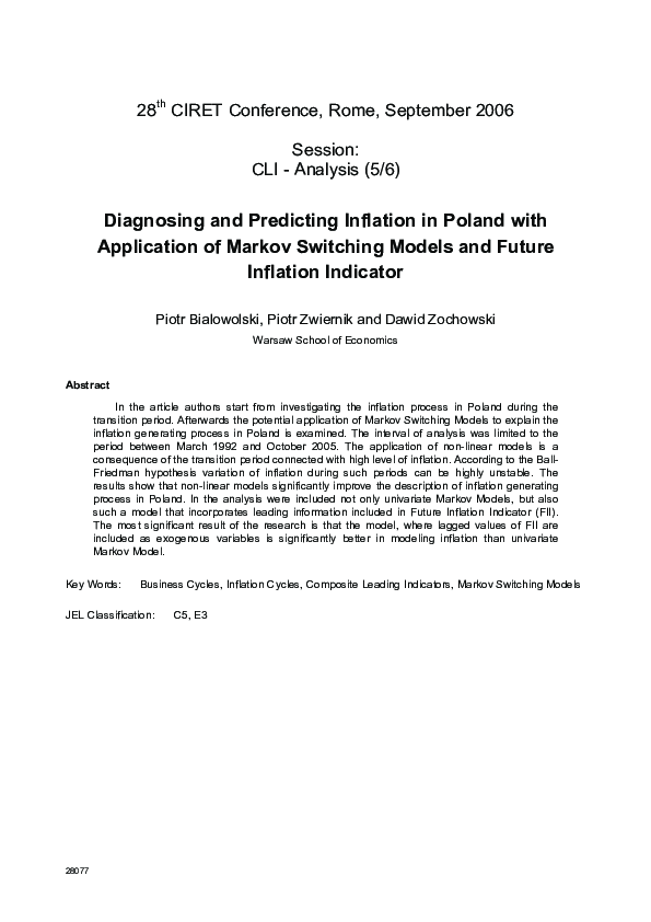 Pdf Diagnosing And Predicting Inflation In Poland With Application Of Markov Switching Models