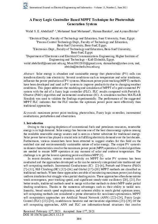 (PDF) A Fuzzy Logic Controller Based MPPT Technique for Photovoltaic Generation System