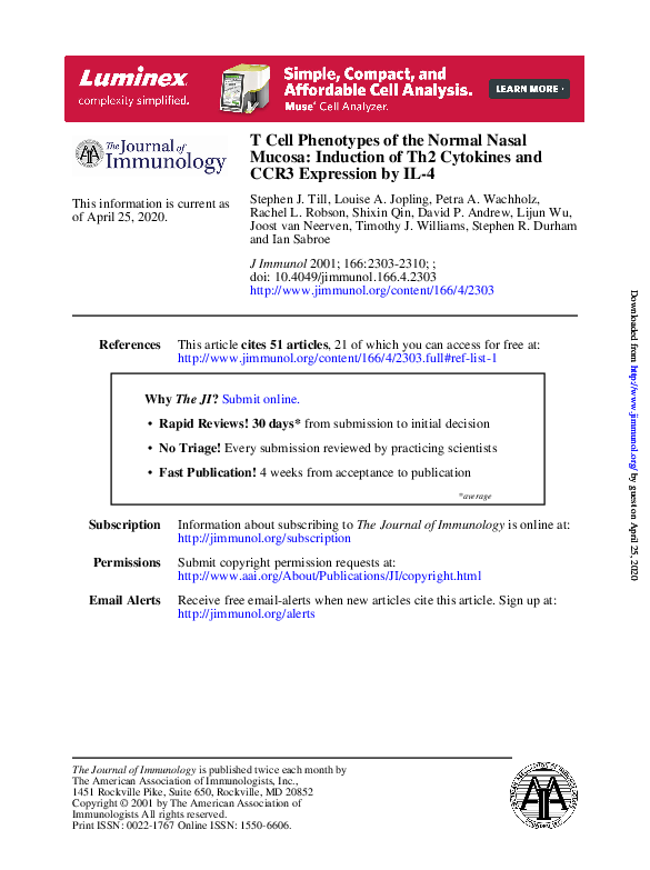 (PDF) T Cell Phenotypes of the Normal Nasal Mucosa: Induction of Th2 ...