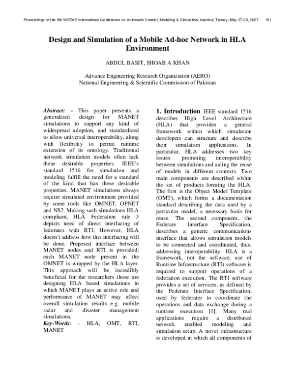 Pdf Design And Simulation Of A Mobile Ad Hoc Network In Hla Environment