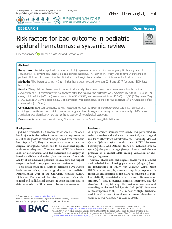 (PDF) Risk factors for bad outcome in pediatric epidural hematomas: a ...