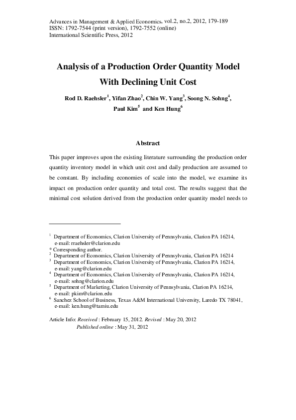 (PDF) Analysis of a Production Order Quantity Model With Declining Unit ...