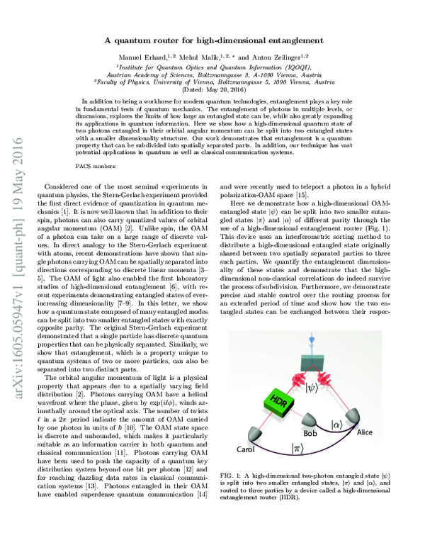 (PDF) A Quantum Router for High-dimensional Entanglement: Concepts and ...
