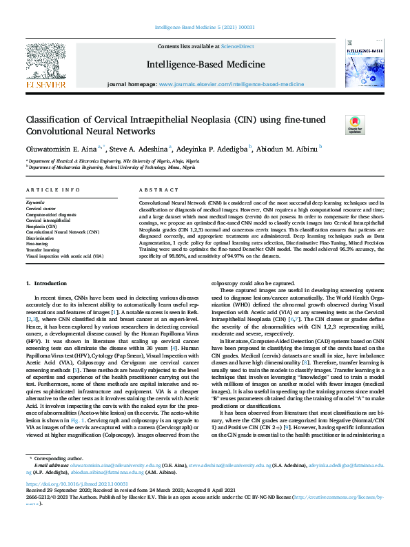 (PDF) Classification of Cervical Intraepithelial Neoplasia (CIN) using fine-tuned Convolutional ...