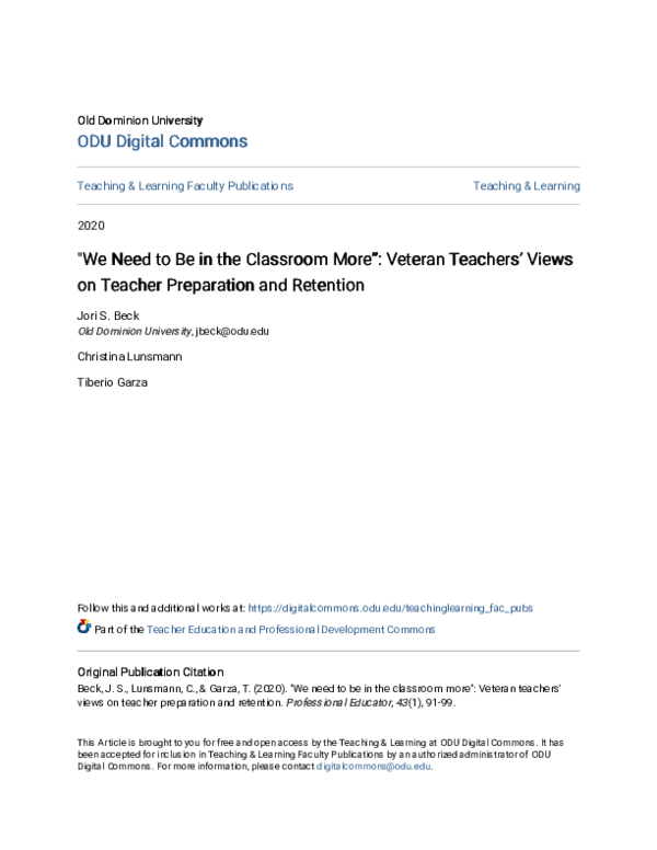 (PDF) We Need to Be in the Classroom More”: Veteran Teachers’ Views on ...