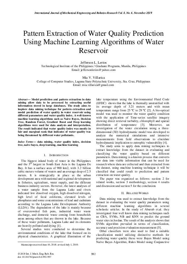 (PDF) Pattern Extraction of Water Quality Prediction Using Machine Learning Algorithms of Water ...