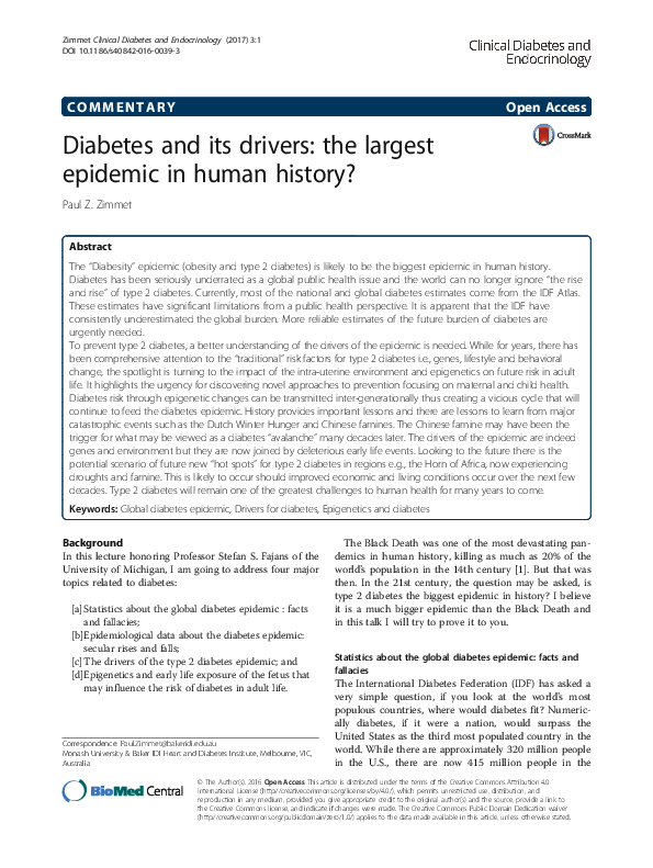 (PDF) Diabetes and its drivers: the largest epidemic in human history?