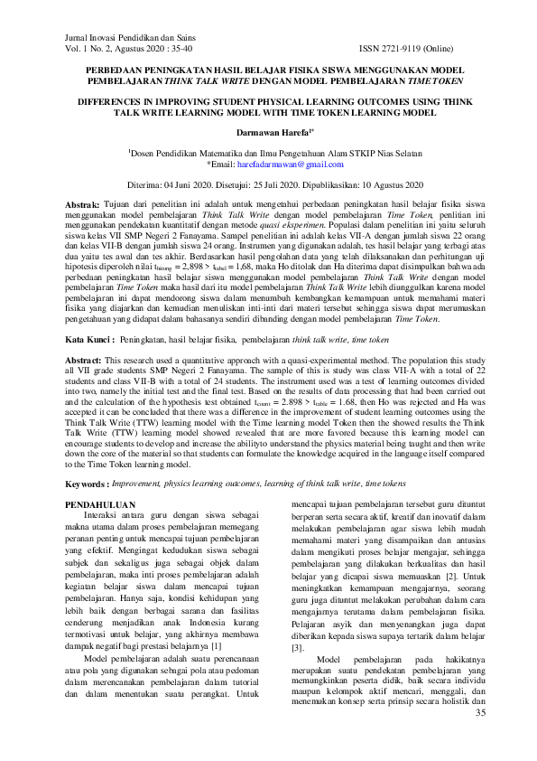 (PDF) Perbedaan Peningkatan Hasil Belajar Fisika Siswa Menggunakan Model Pembelajaran Think Talk ...