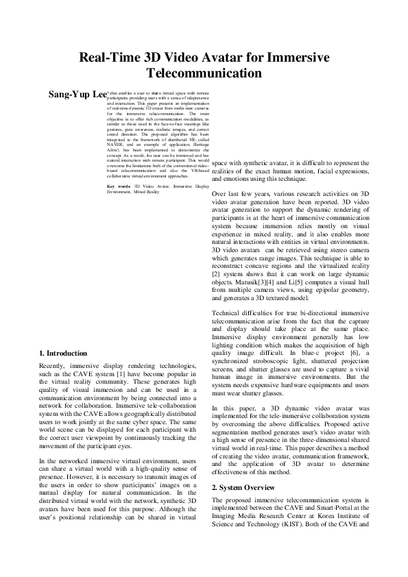 (PDF) Real-Time 3 D Video Avatar for Immersive Telecommunication