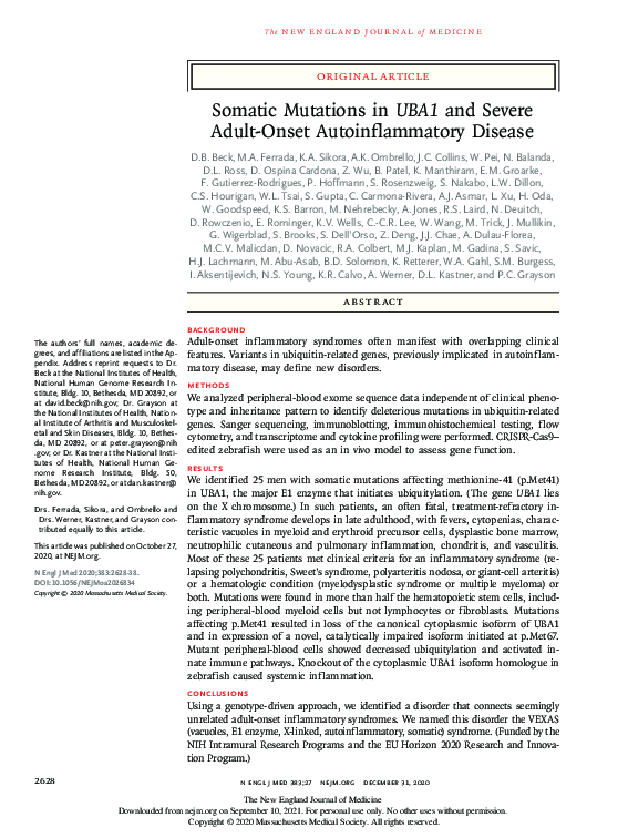 (PDF) Somatic Mutations in UBA1 and Severe Adult-Onset Autoinflammatory ...
