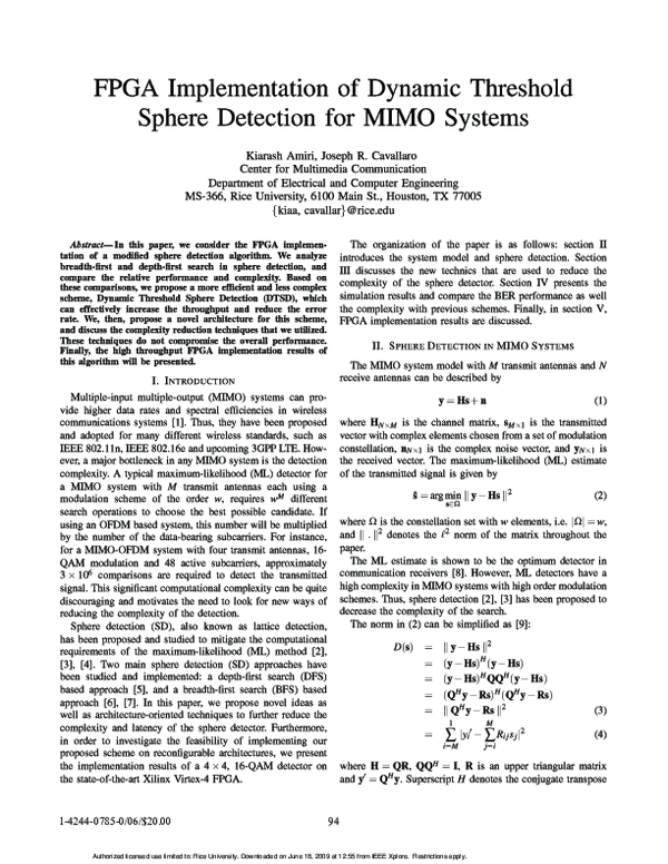Fpga Implementation Of Dynamic Threshold Sphere Detection For Mimo Systems