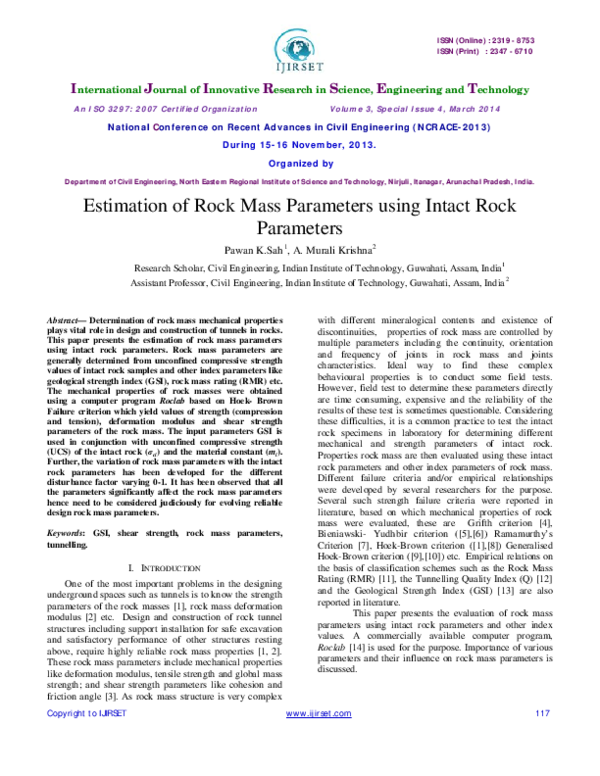 Pdf Estimation Of Rock Mass Parameters Using Intact Rock Parameters