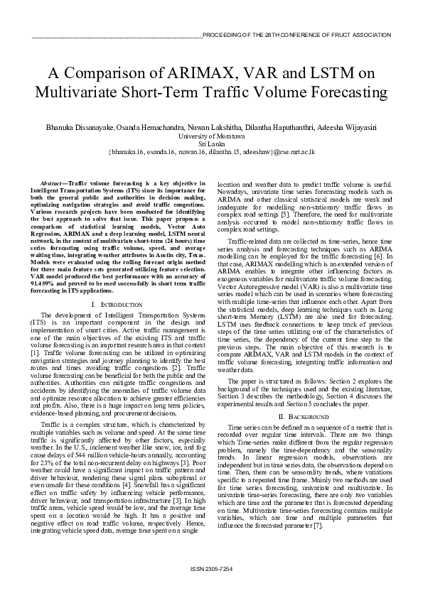 Pdf A Comparison Of Arimax Var And Lstm On Multivariate Short Term Traffic Volume Forecasting