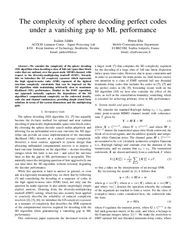 (PDF) The complexity of sphere decoding perfect codes under a vanishing ...