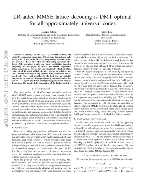Pdf Lr Aided Mmse Lattice Decoding Is Dmt Optimal For All Approximately Universal Codes 