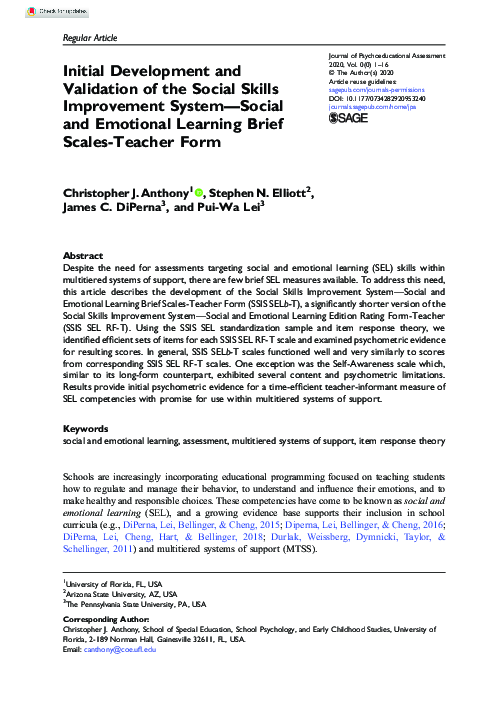 (PDF) Initial Development and Validation of the Social Skills Improvement System—Social and ...