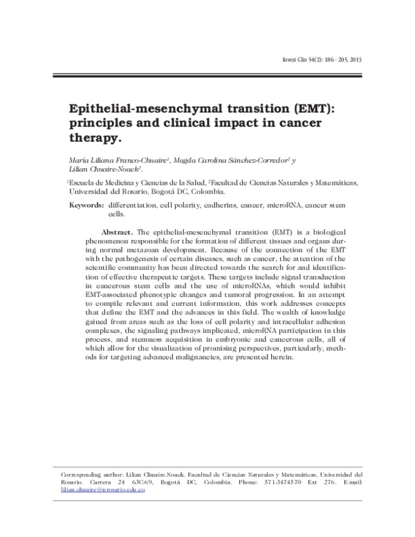 (PDF) Epithelial-mesenchymal transition (EMT): principles and clinical impact in cancer therapy ...
