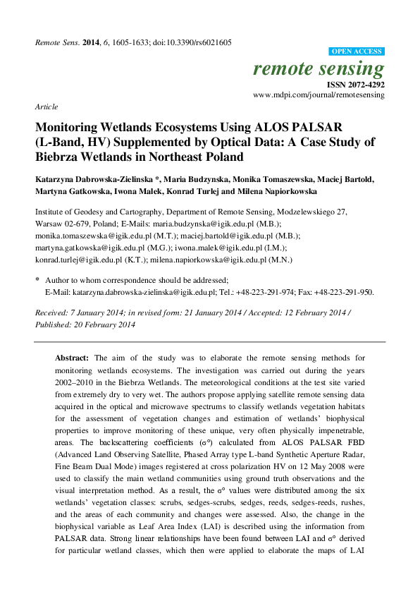 (PDF) Monitoring Wetlands Ecosystems Using ALOS PALSAR (L-Band, HV ...