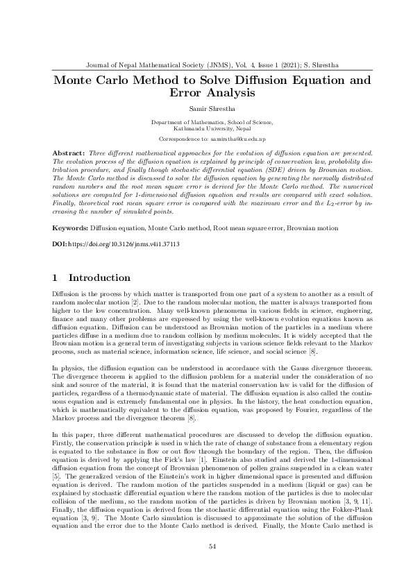 (PDF) Monte Carlo Method to Solve Diffusion Equation and Error Analysis