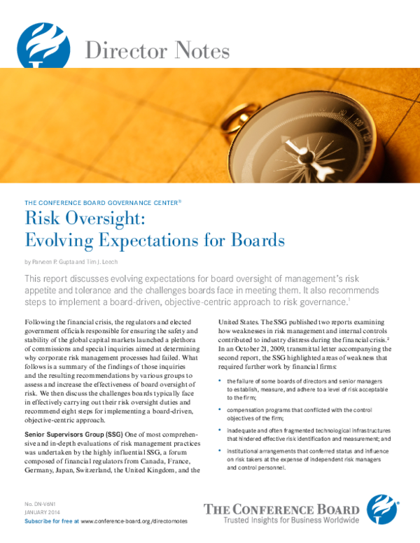 (PDF) Risk Oversight: Evolving Expectations for Boards