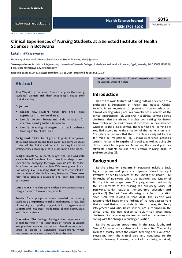 (PDF) Clinical Experiences of Nursing Students at a Selected Institute ...
