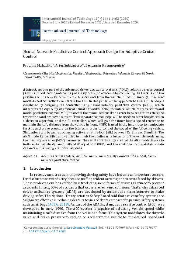 (PDF) Neural Network Predictive Control Approach Design for Adaptive Cruise Control