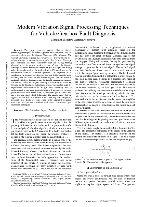 (PDF) Modern Vibration Signal Processing Techniques For Vehicle Gearbox Fault Diagnosis
