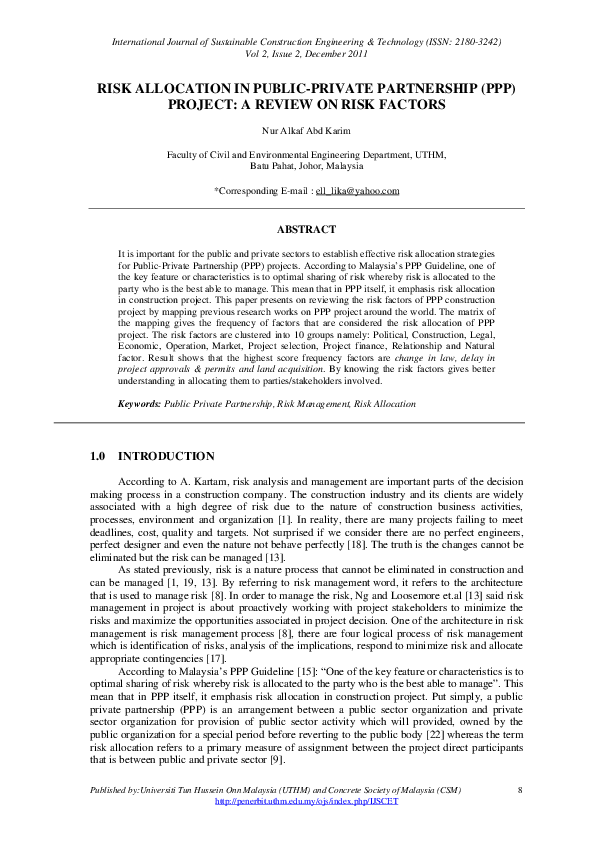 (PDF) RISK ALLOCATION IN PUBLIC-PRIVATE PARTNERSHIP (PPP) PROJECT A REVIEW ON RISK FACTORS