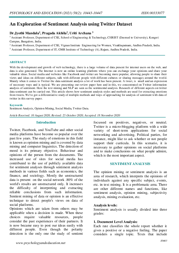 (PDF) An Exploration of Sentiment Analysis using Twitter Dataset