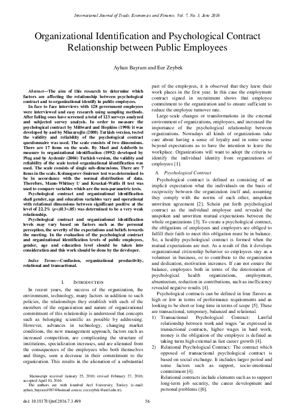 (PDF) Organizational Identification and Psychological Contract Relationship between Public ...