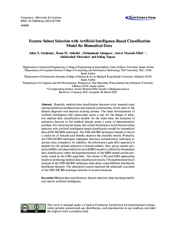 (PDF) Feature Subset Selection with Artificial Intelligence-Based Classification Model for ...