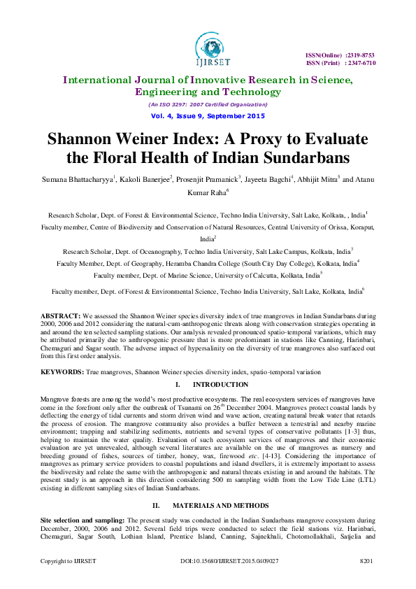 (PDF) Shannon Weiner Index: A Proxy to Evaluate the Floral Health of ...