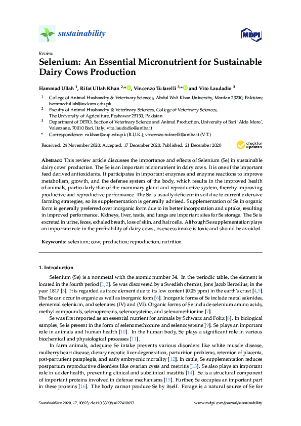 (PDF) Selenium: An Essential Micronutrient for Sustainable Dairy Cows ...