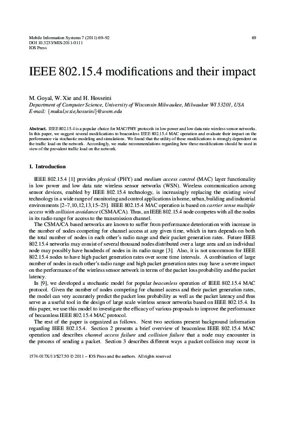 (PDF) Evaluating Modifications to IEEE 802.15.4 MAC Performance