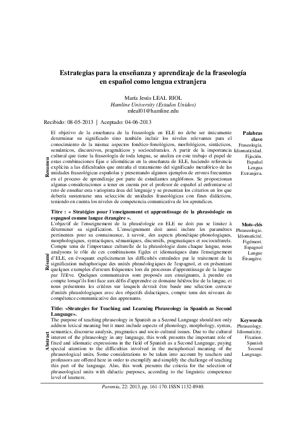 (PDF) Estrategias para la enseñanza y aprendizaje de la fraseología en español como lengua ...
