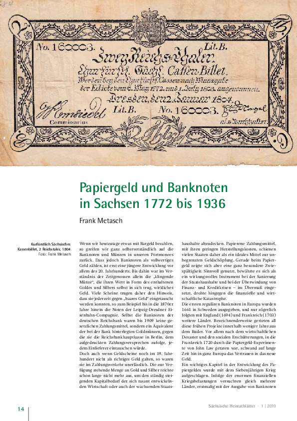 (PDF) Papiergeld und Banknoten in Sachsen 1772 bis 1936