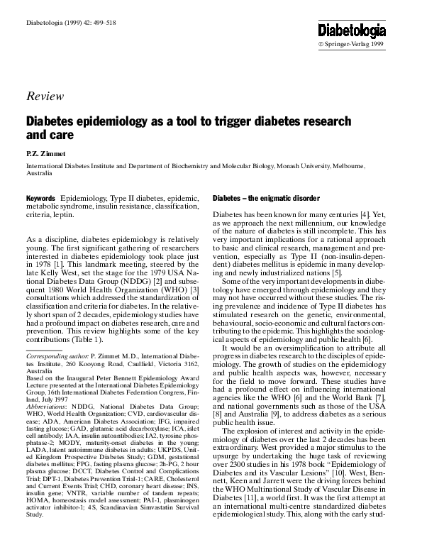(PDF) Diabetes epidemiology as a tool to trigger diabetes research and care