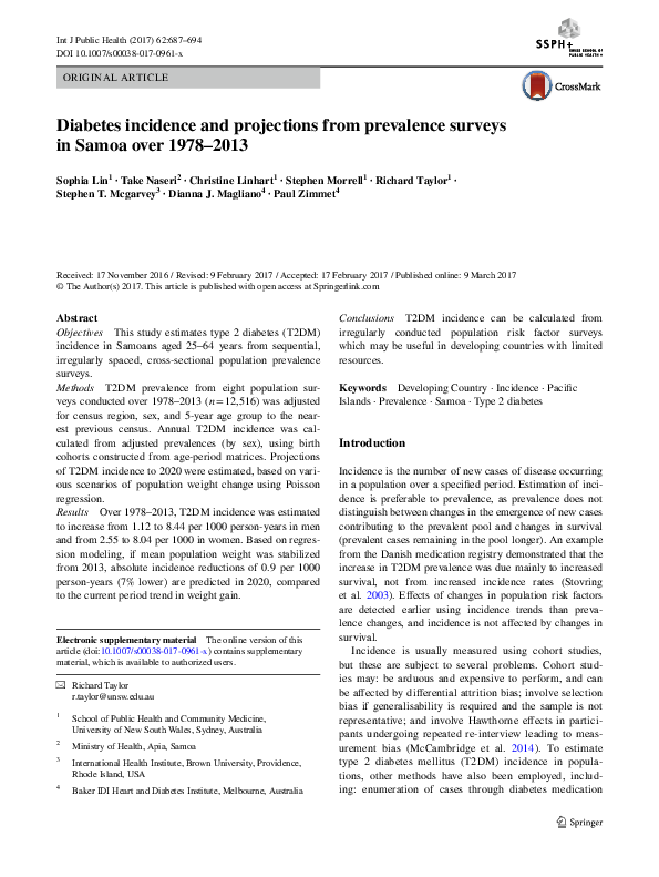 (PDF) Diabetes incidence and projections from prevalence surveys in ...