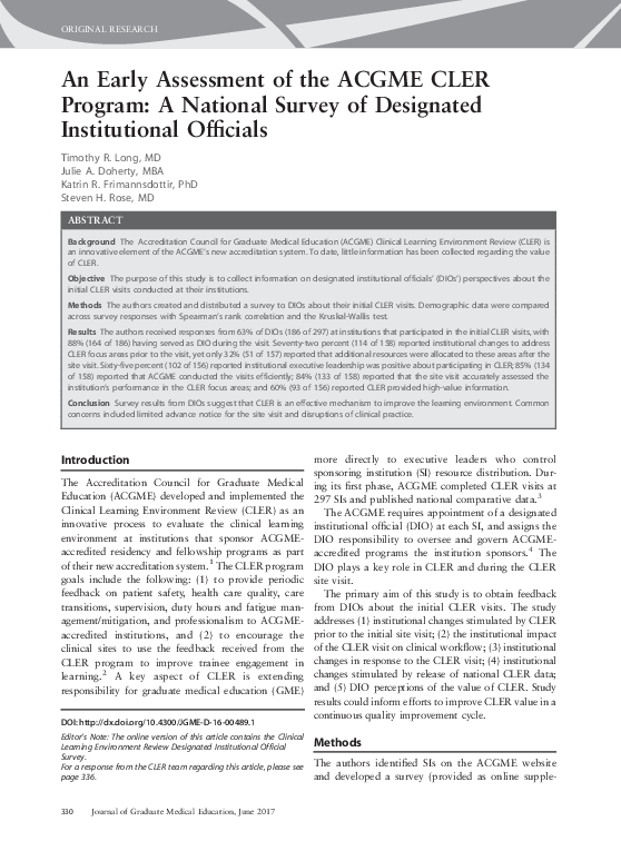 (PDF) An Early Assessment of the ACGME CLER Program: A National Survey ...