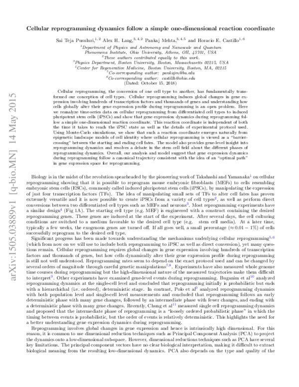 (PDF) Cellular reprogramming dynamics follow a simple one-dimensional reaction coordinate