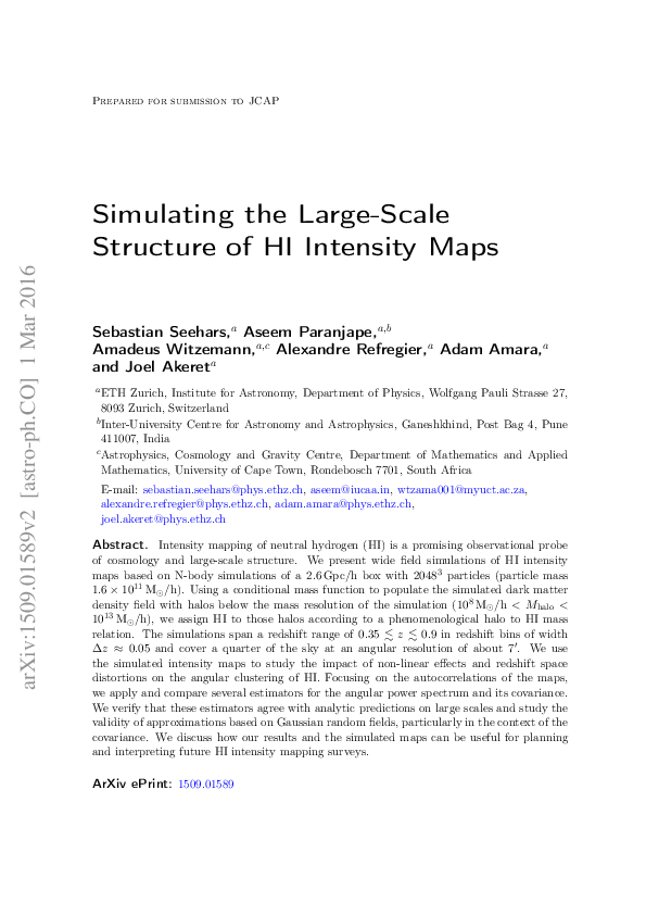 (PDF) Simulating the large-scale structure of HI intensity maps