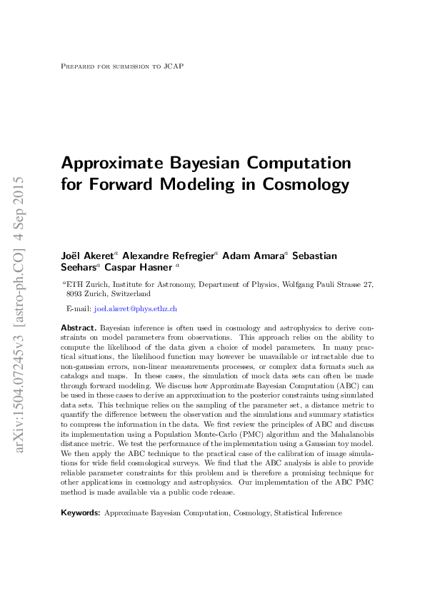 (PDF) Approximate Bayesian computation for forward modeling in cosmology