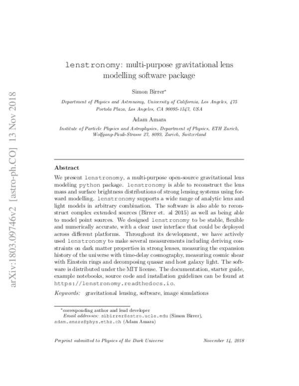 (PDF) lenstronomy: Multi-purpose gravitational lens modelling software package